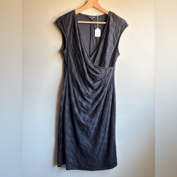 Maggy London | Dresses | Jones Studio Black Textured Draped Midi Sheath ...